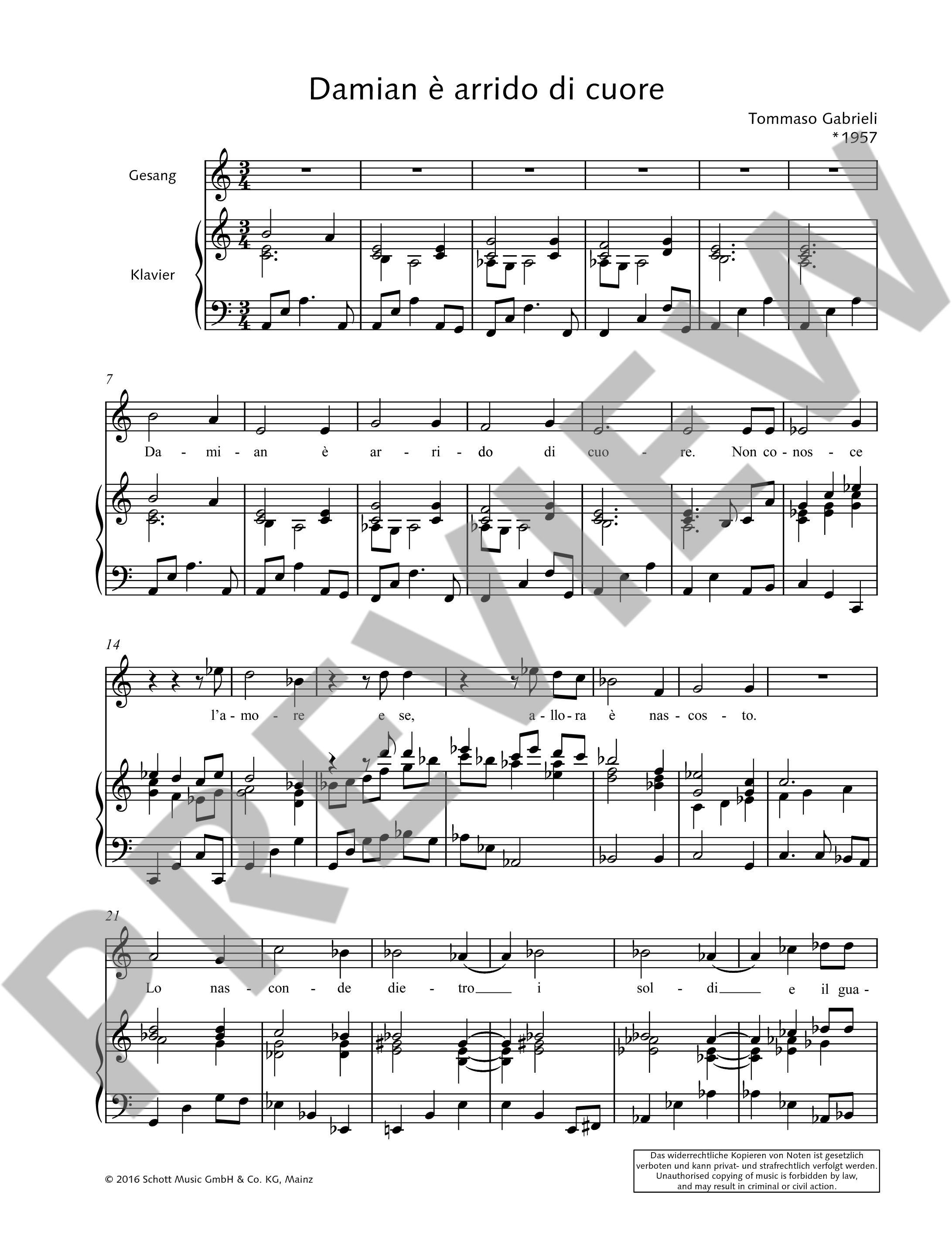 Gabrieli, Tommaso : Damian, - soprano (tenor) and piano - Schott ...