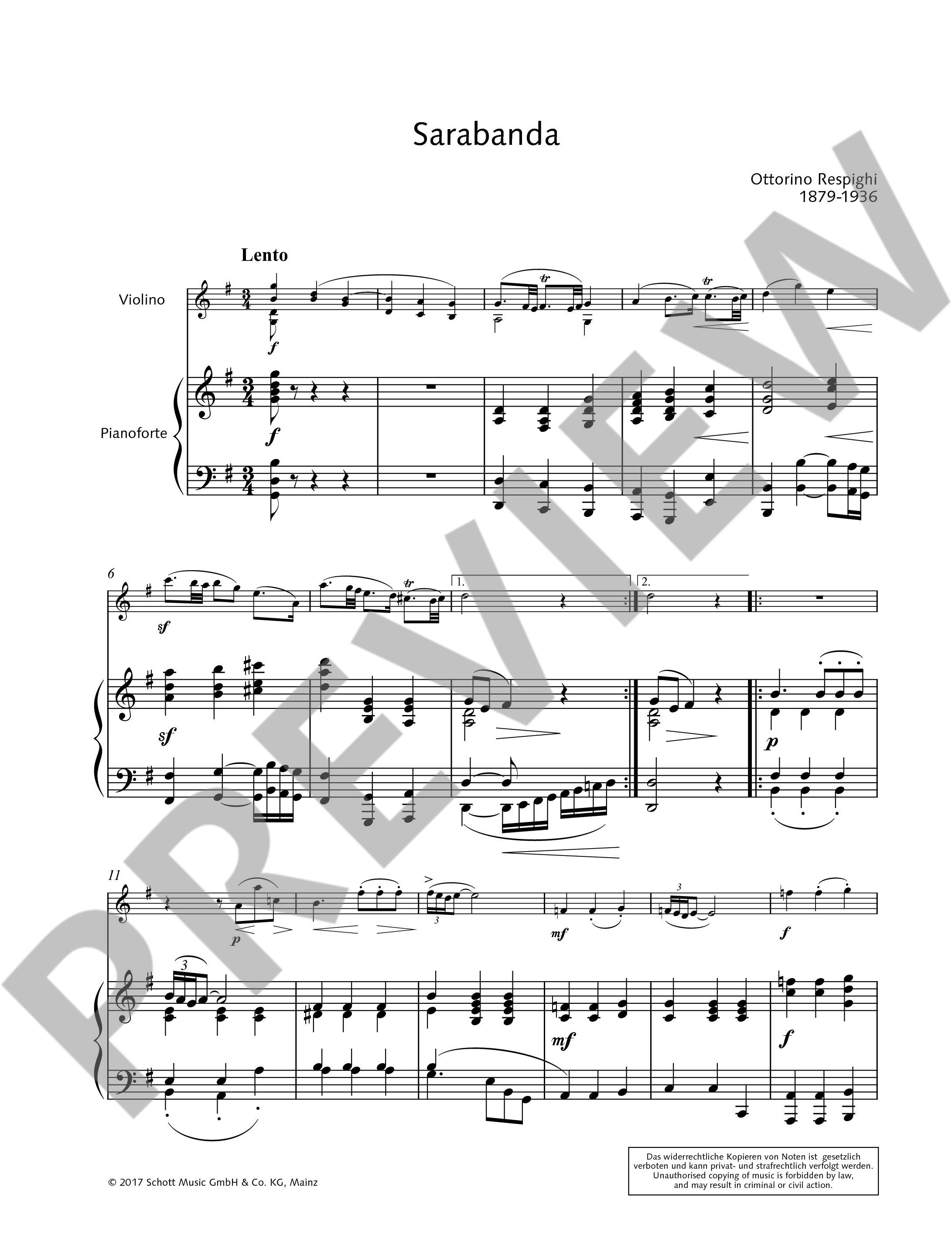 Respighi, Ottorino : Sarabanda, for violin and piano - violin and piano ...