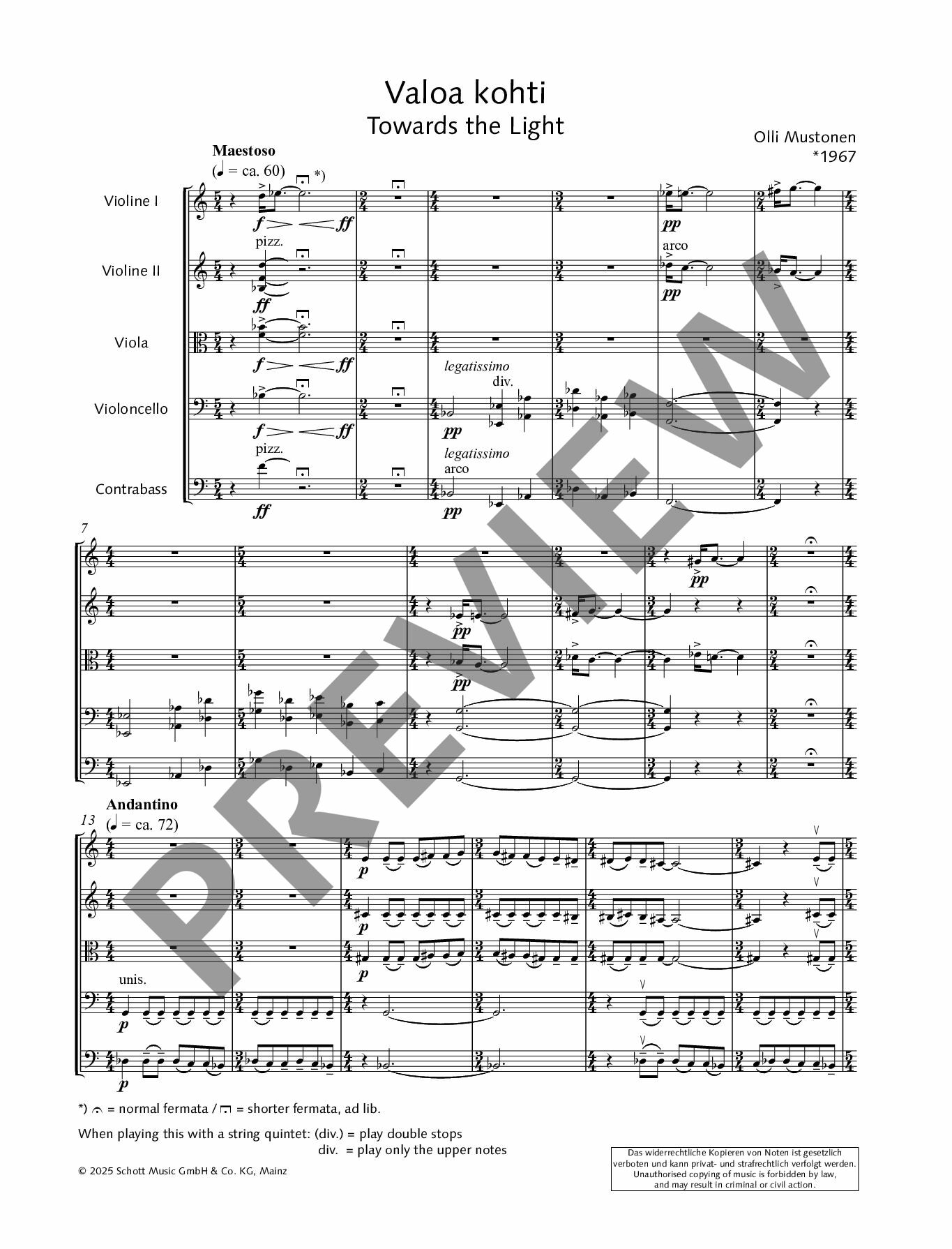 Mustonen, Olli : Valoa kohti (Towards the Light), Fanfare for string ...